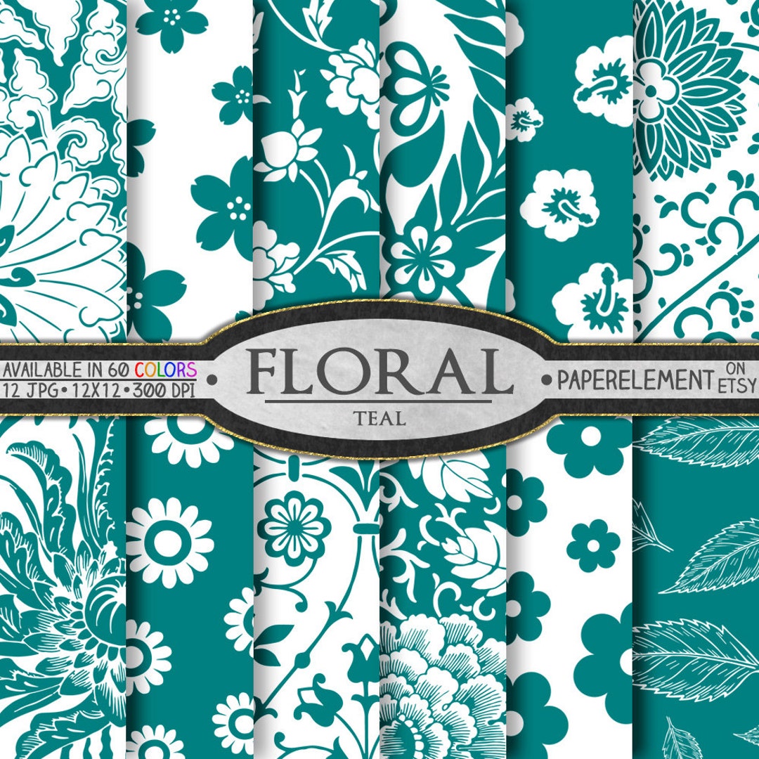 Teal Blue Green Floral Digital Paper Patterns Set: Flower Backgrounds ...