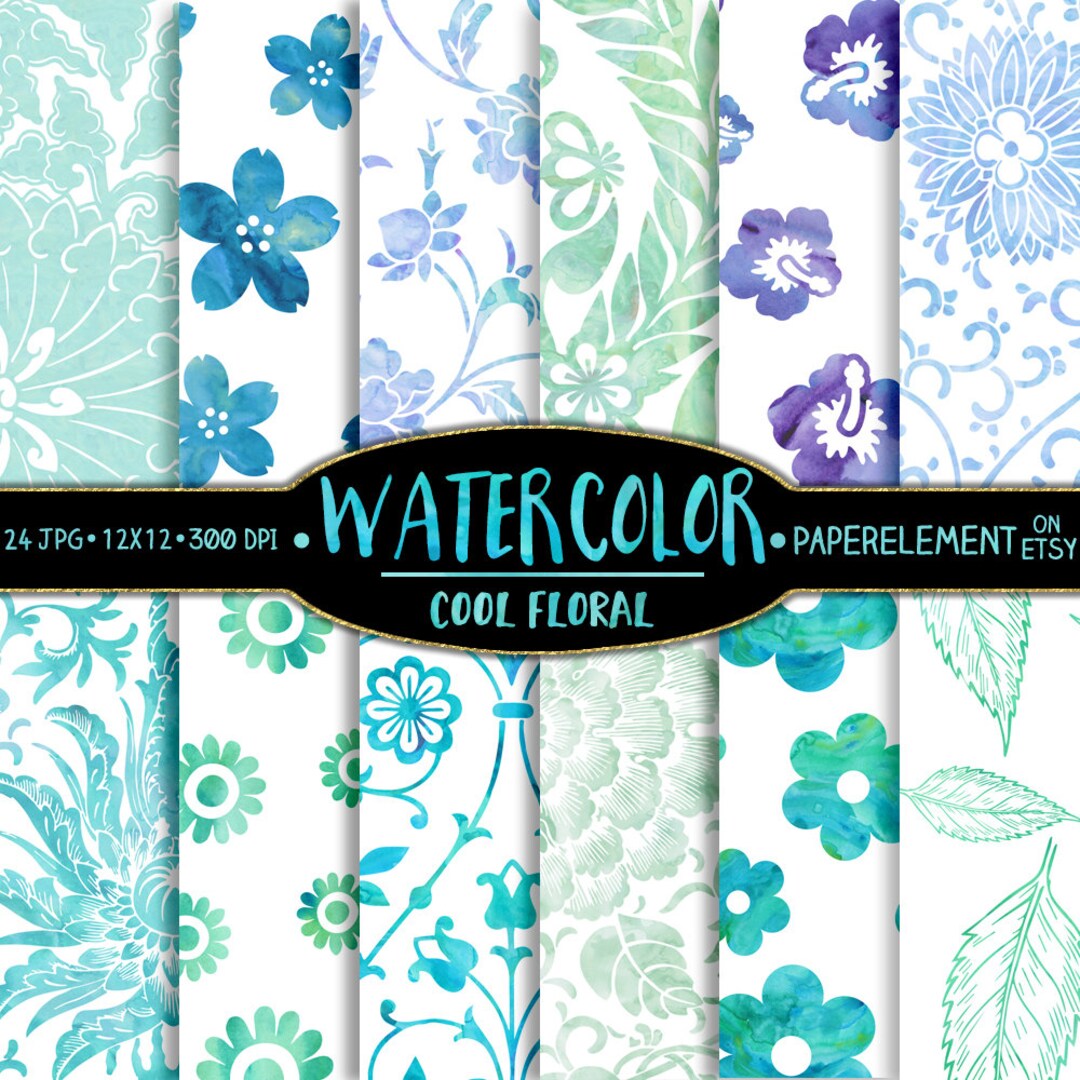 Watercolor Floral Digital Paper: Watercolor Flowers in Ocean Blues, Sea ...