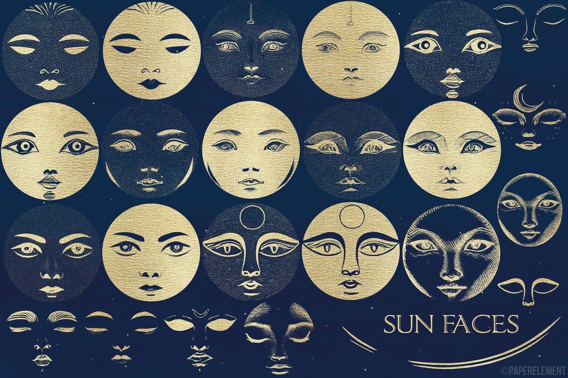 Classic Sun Clipart Set: Vintage 90s Celestial Face Designs - Gold ...