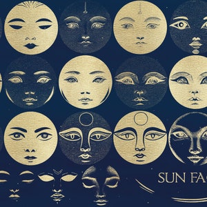 Classic Sun Clipart Set: Vintage 90s Celestial Face Designs - Gold ...