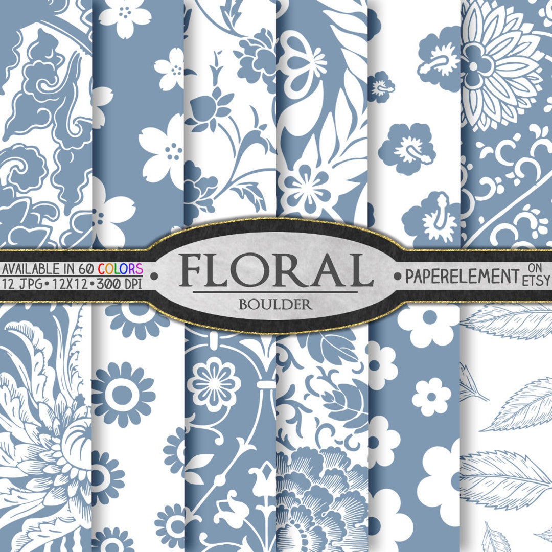 Boulder Blue Floral Digital Paper Pattern Set: Flower Backgrounds ...