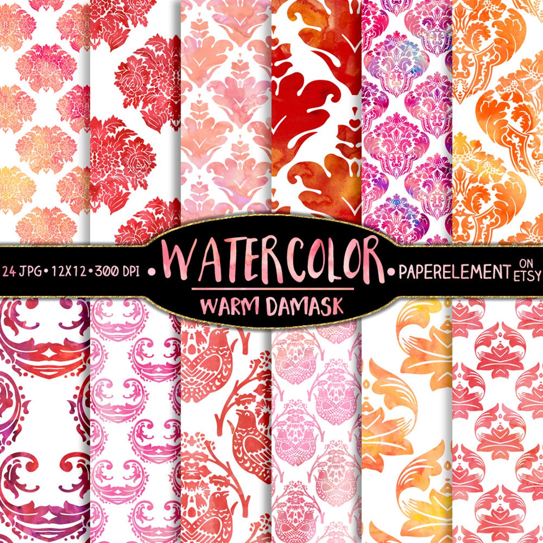 Watercolor Damask Digital Paper Pack - Damask Watercolor Printable ...