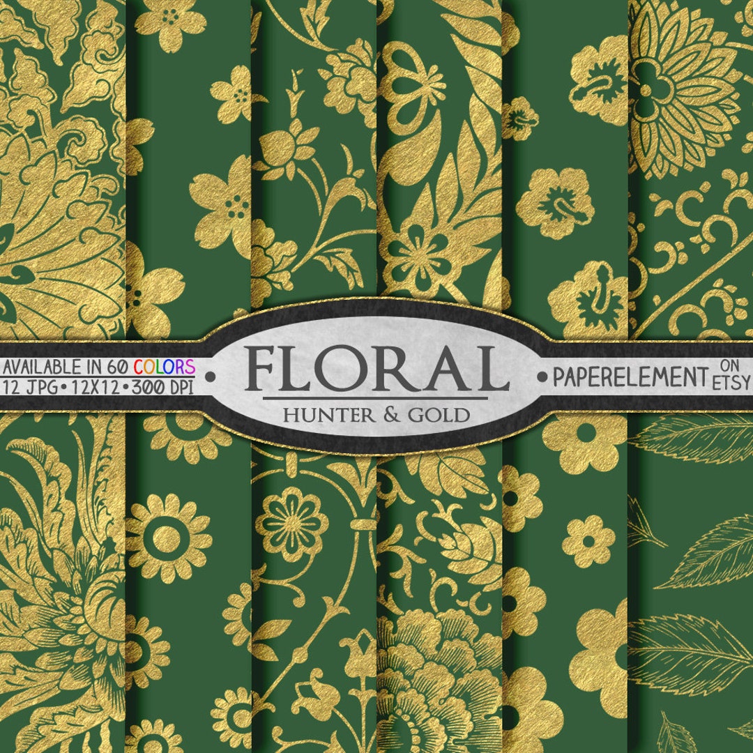 Hunter Green and Gold Floral Digital Paper Patterns Set: Flower ...