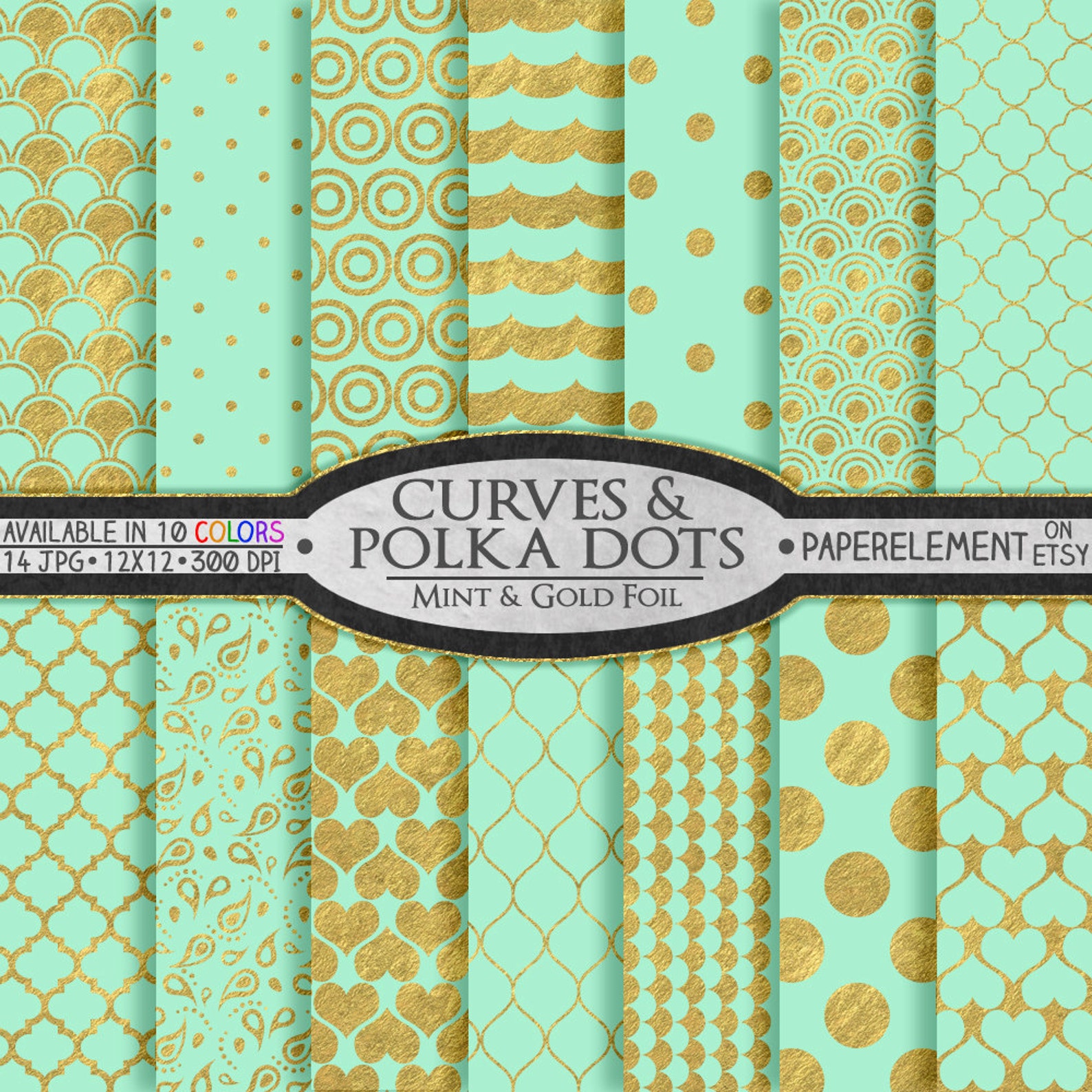 Printable Mint and Gold Scrapbook Paper: Gold and Mint | Etsy