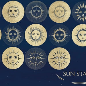 Classic Sun Clipart Set: Vintage 90s Celestial Face Designs - Gold ...