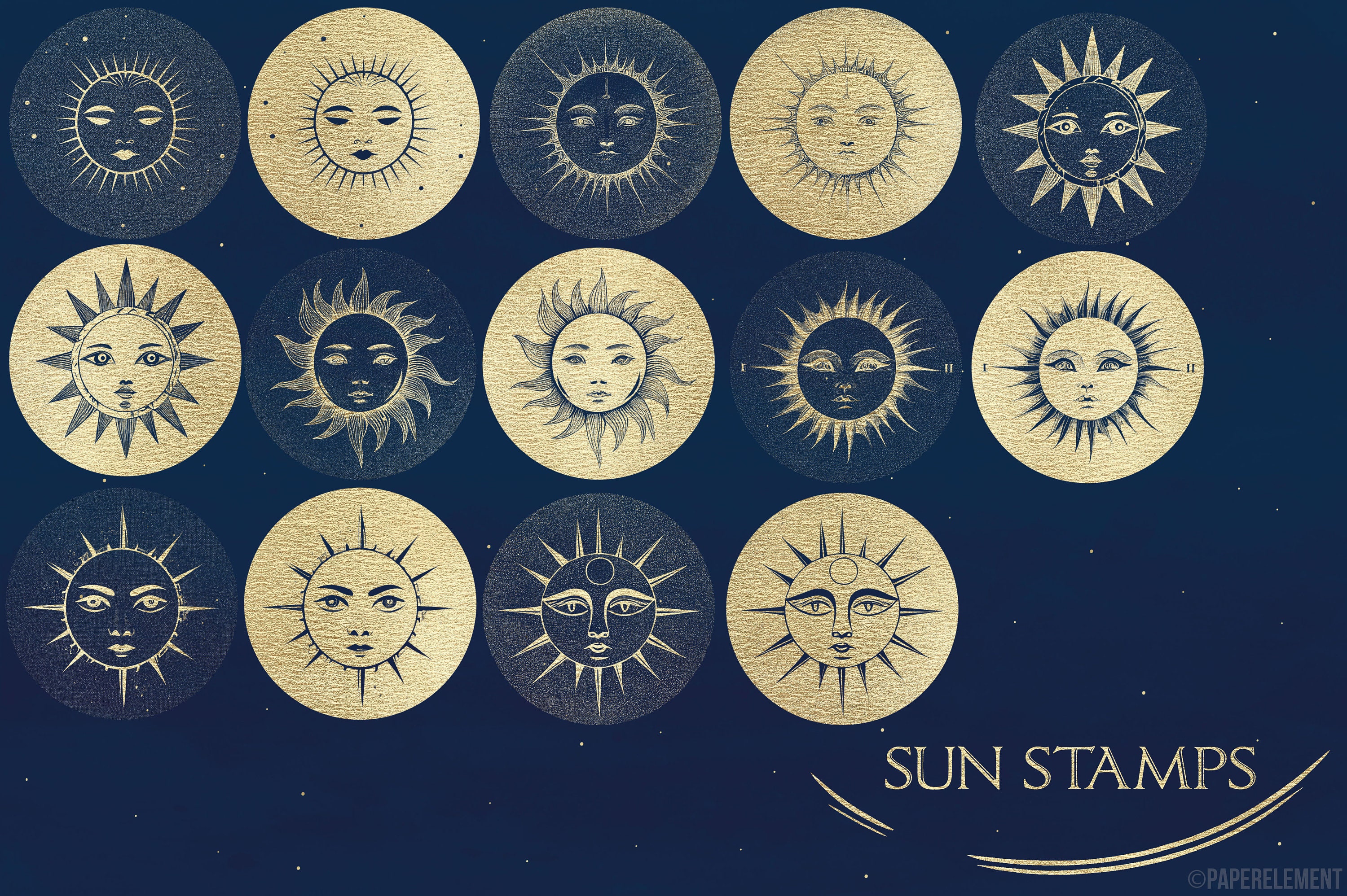 Classic Sun Clipart Set: Vintage 90s Celestial Face Designs - Gold ...