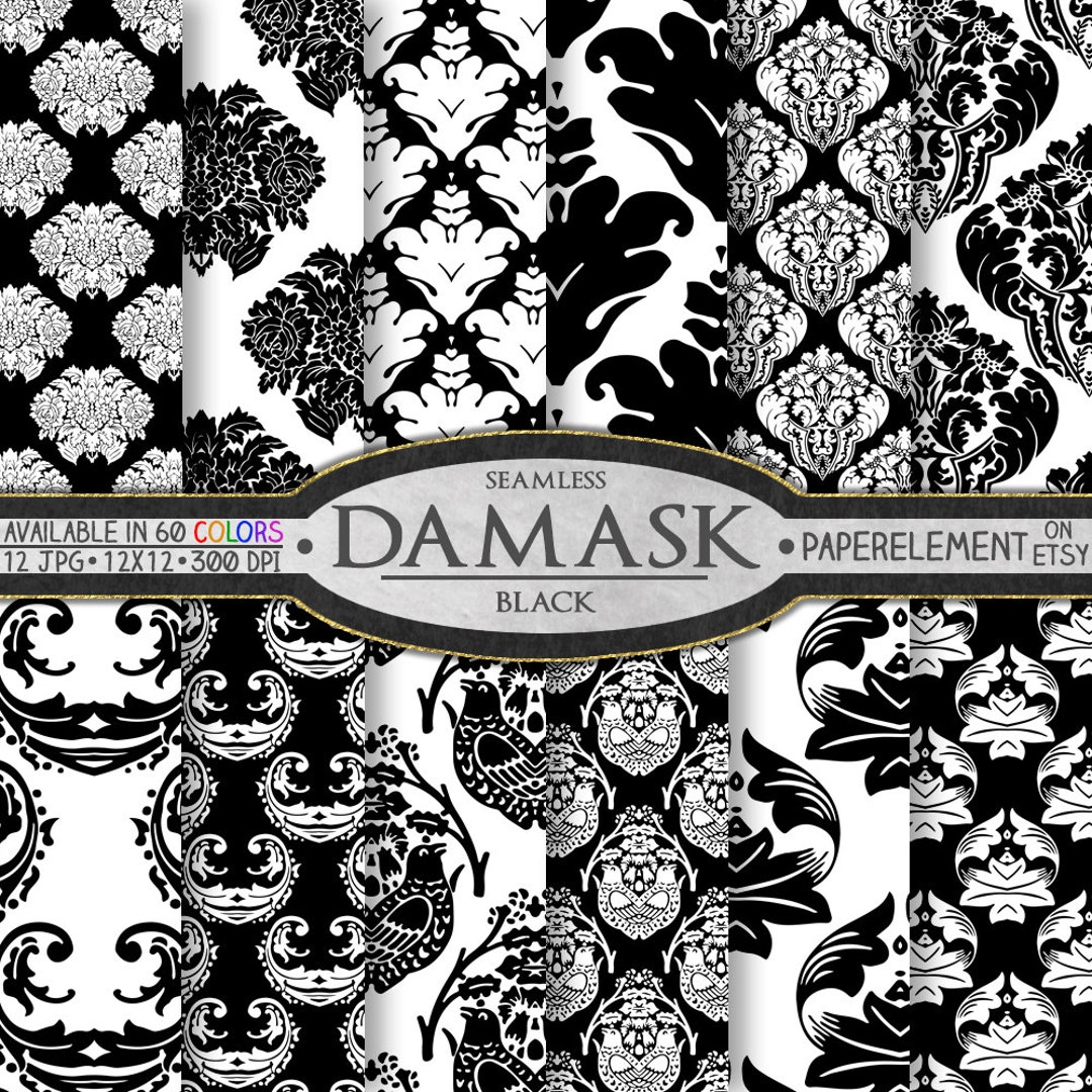 Black and White Seamless Damask Pattern Digital Paper: Ornate Fabric ...