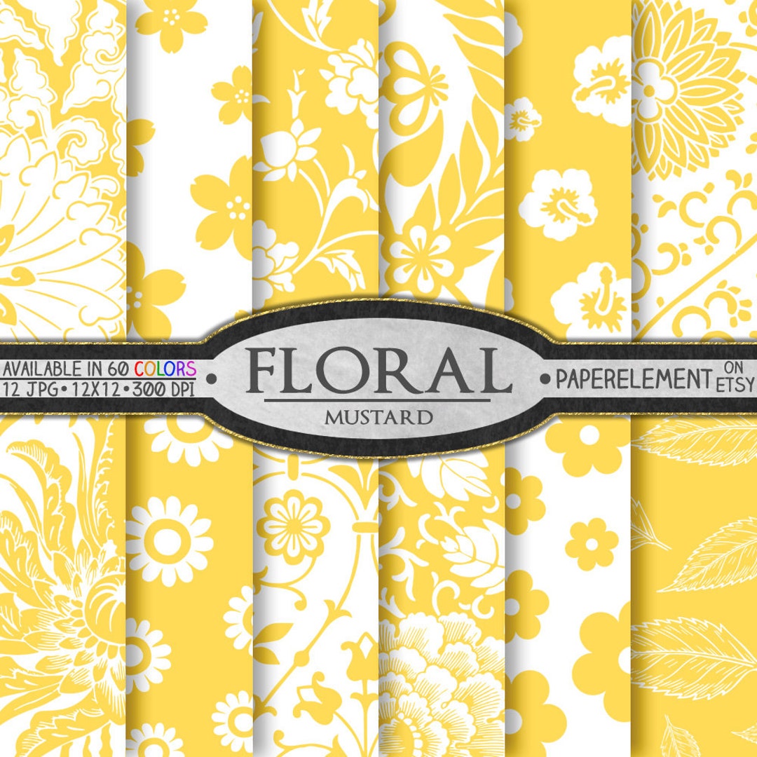 Mustard Yellow Floral Digital Paper Patterns Set: Flower Backgrounds ...