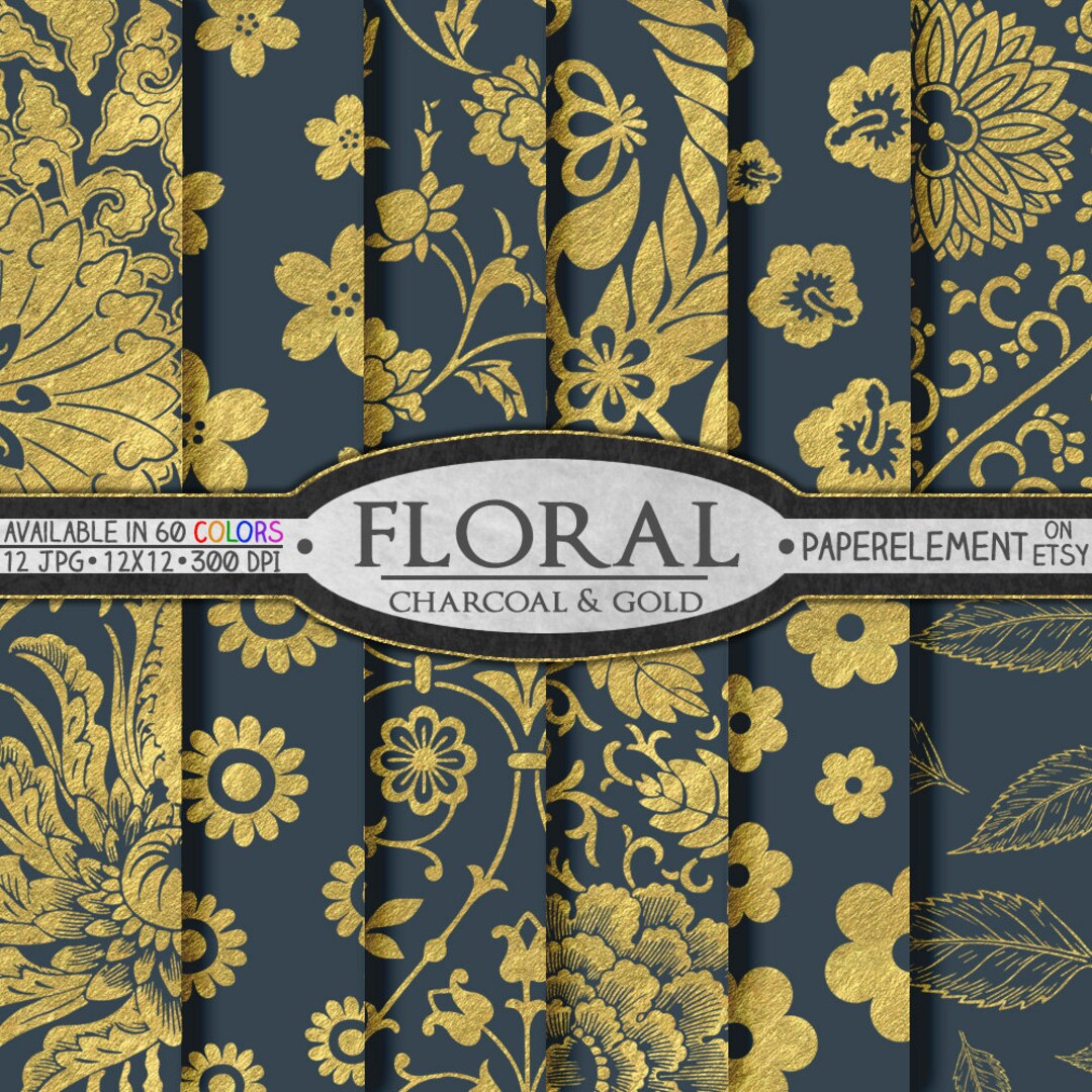 Charcoal Gray and Gold Floral Digital Paper Patterns Set: Flower ...