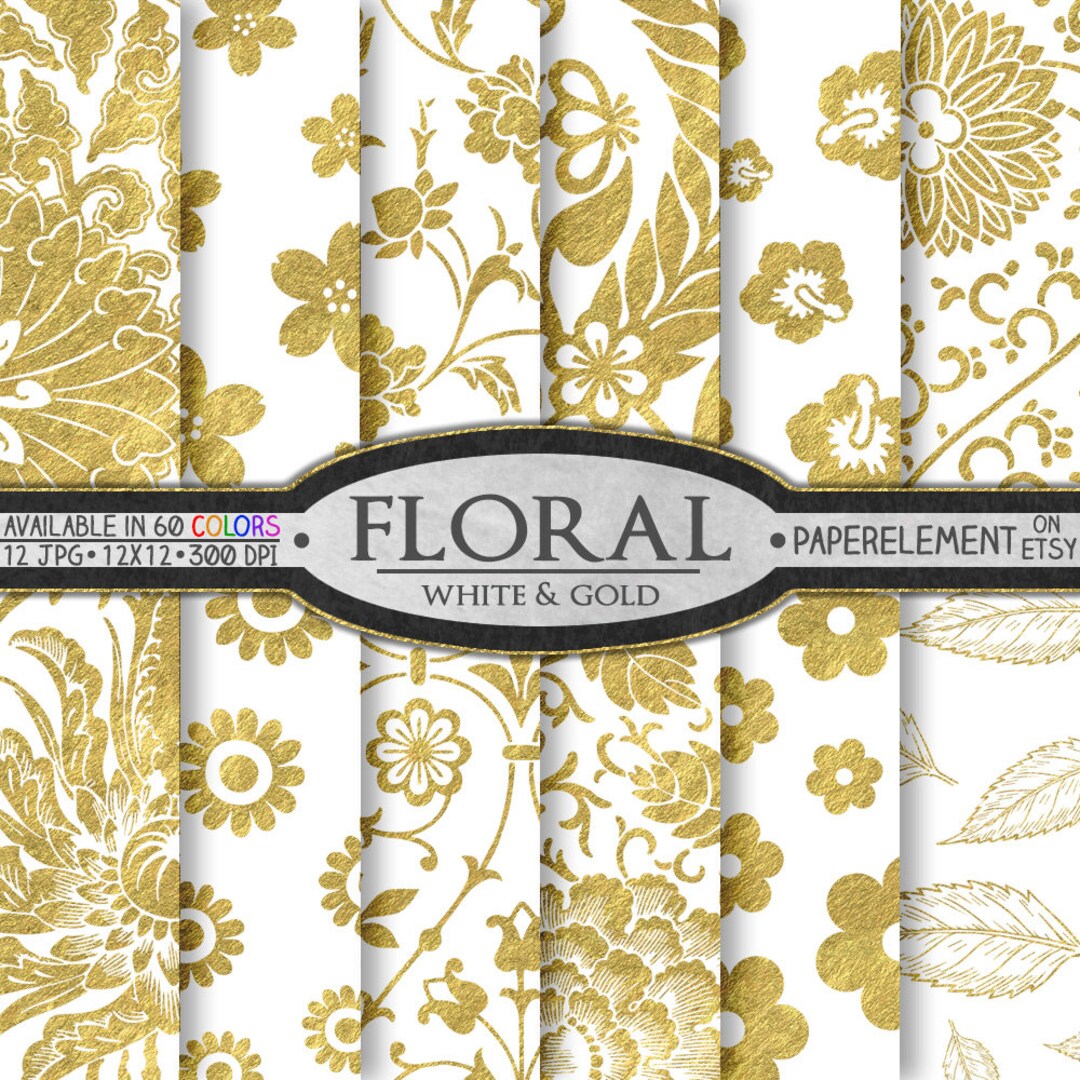 White and Gold Floral Digital Paper Patterns Set: Flower Backgrounds ...