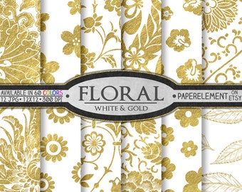 Black and Gold Floral Digital Paper Patterns Set: Flower Backgrounds ...