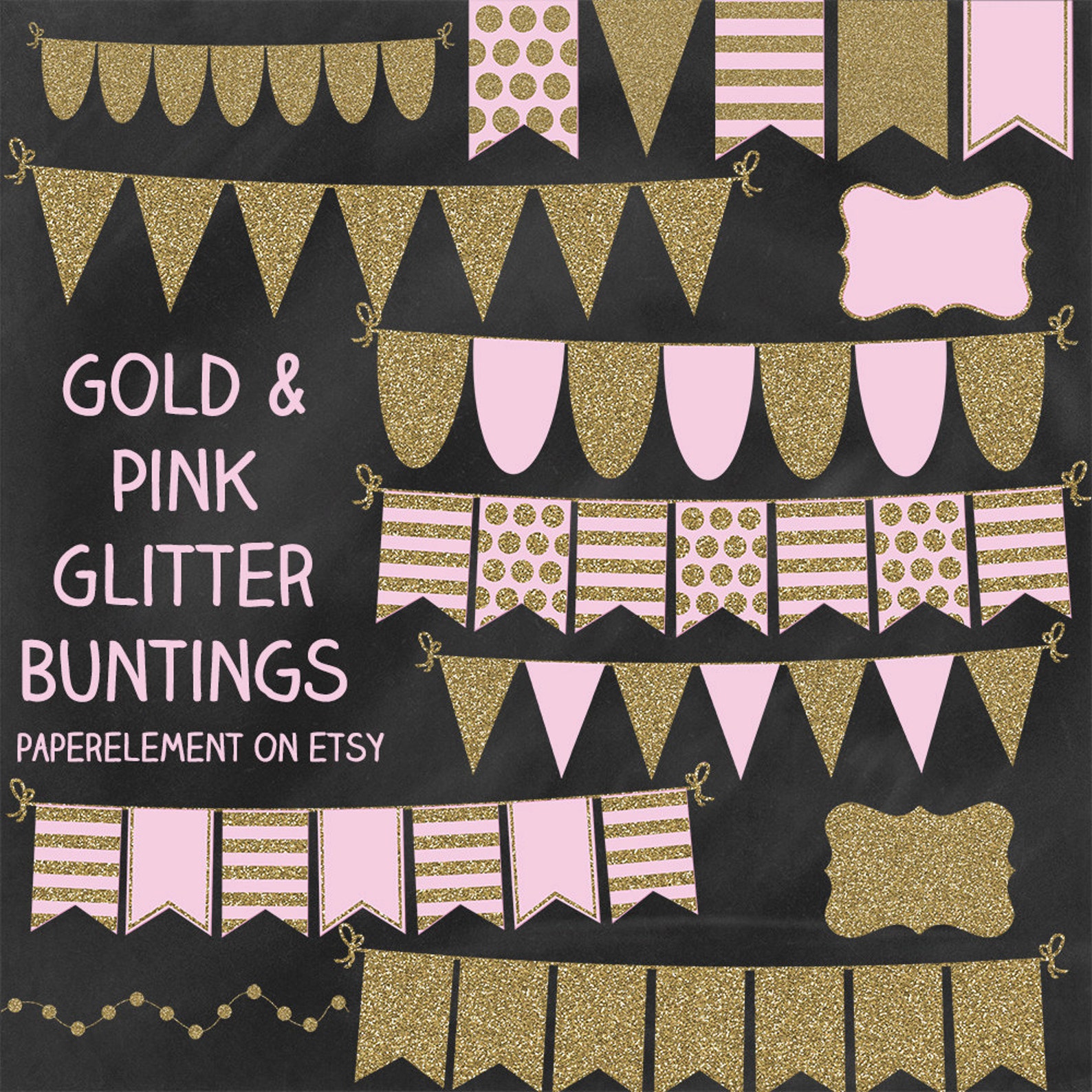 Gold Glitter Bunting Clipart: Bunting Banner Clipart Pink and - Etsy