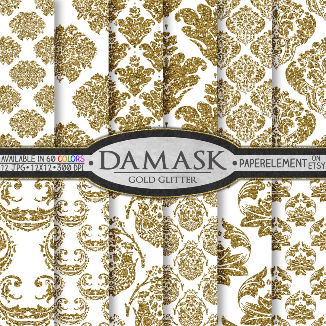 Gold Glitter White Seamless Damask Pattern Digital Paper: Ornate Fabric ...