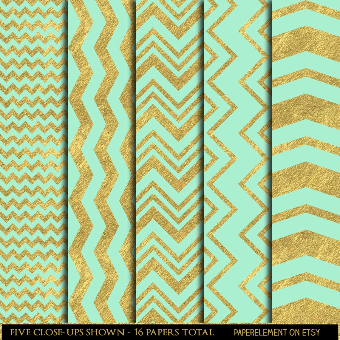 Pastel Mint and Gold Chevron Digital Paper Set: Gold and Mint | Etsy