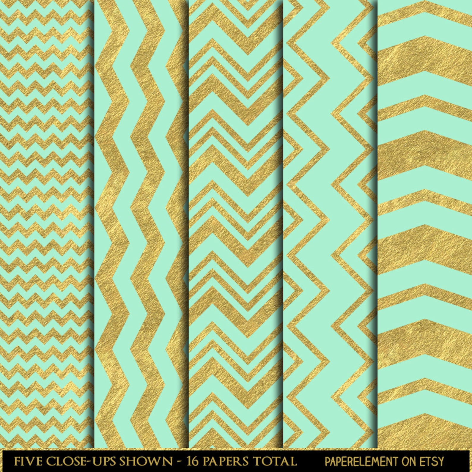 Pastel Mint and Gold Chevron Digital Paper Set: Gold and Mint | Etsy