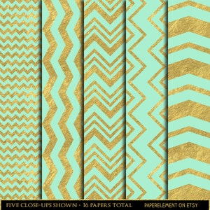 Pastel Mint and Gold Chevron Digital Paper Set: Gold and Mint Chevron ...