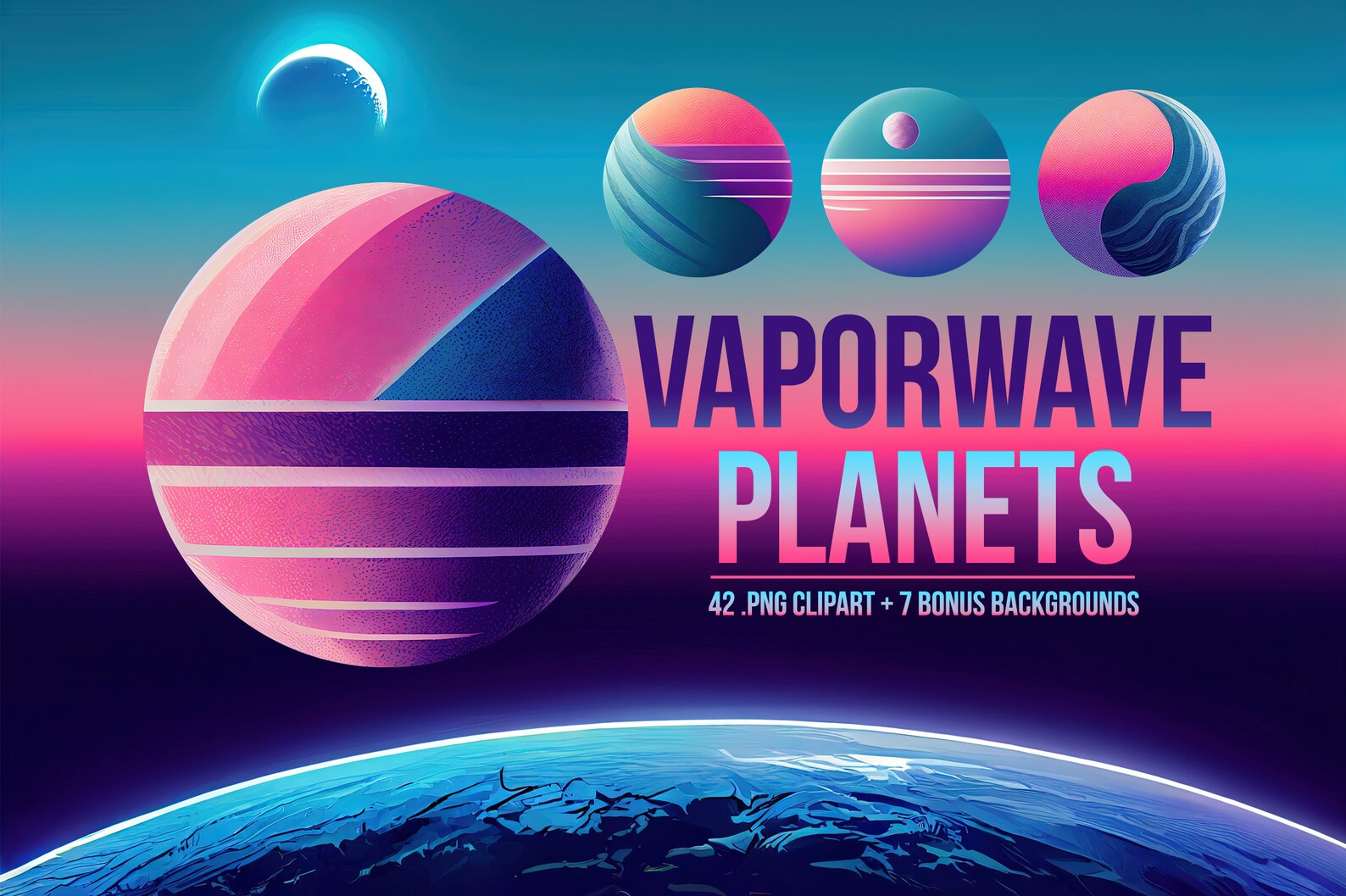 Vaporwave Planets Clipart Bundle - 80s Retro Space Themed Clip Art Set ...