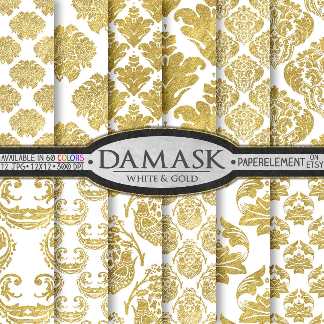 White and Gold Foil Seamless Damask Pattern Digital Paper: Ornate ...