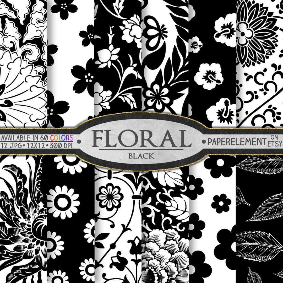 Black and White Floral Digital Paper Patterns Set: Flower Backgrounds ...
