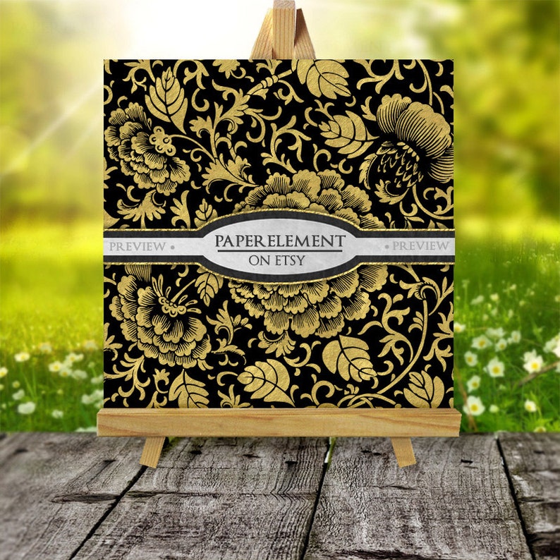 Black and Gold Floral Digital Paper Patterns Set: Flower - Etsy