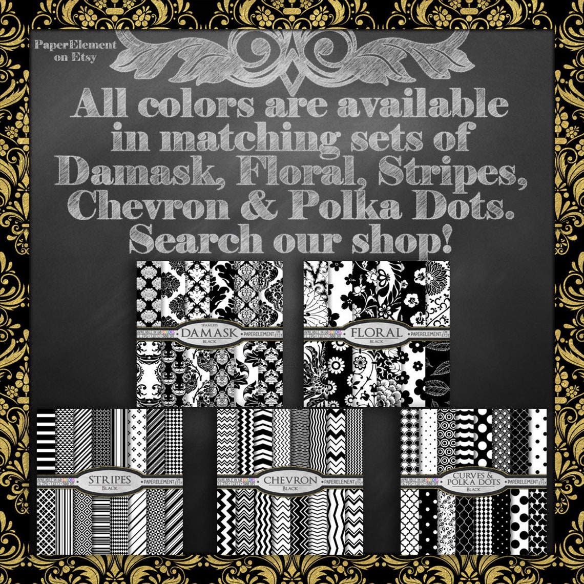 Black and Gold Floral Digital Paper Patterns Set: Flower - Etsy