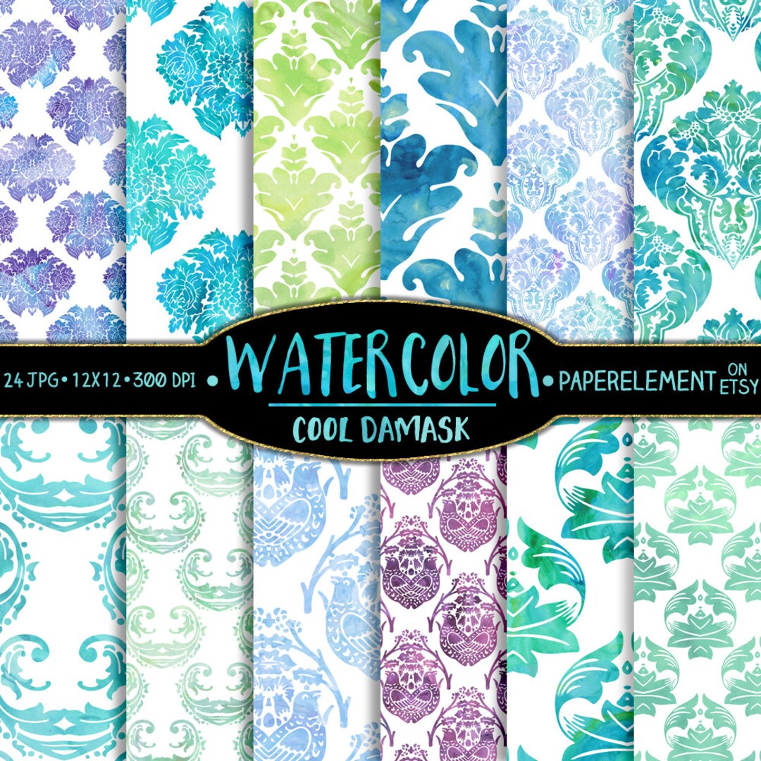 Digital Watercolor Damask Paper Pack - Damask Water Color Prints ...