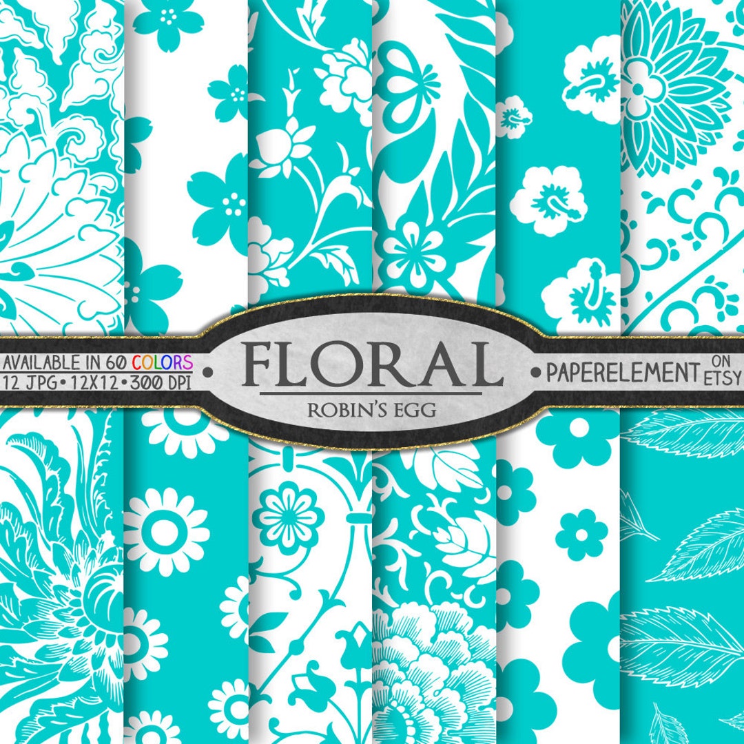 Robins Egg Blue Floral Digital Paper Patterns Set: Flower Backgrounds ...