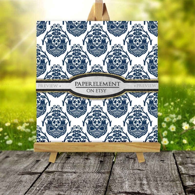 Navy Blue Seamless Damask Pattern Digital Paper: Ornate Fabric Prints ...