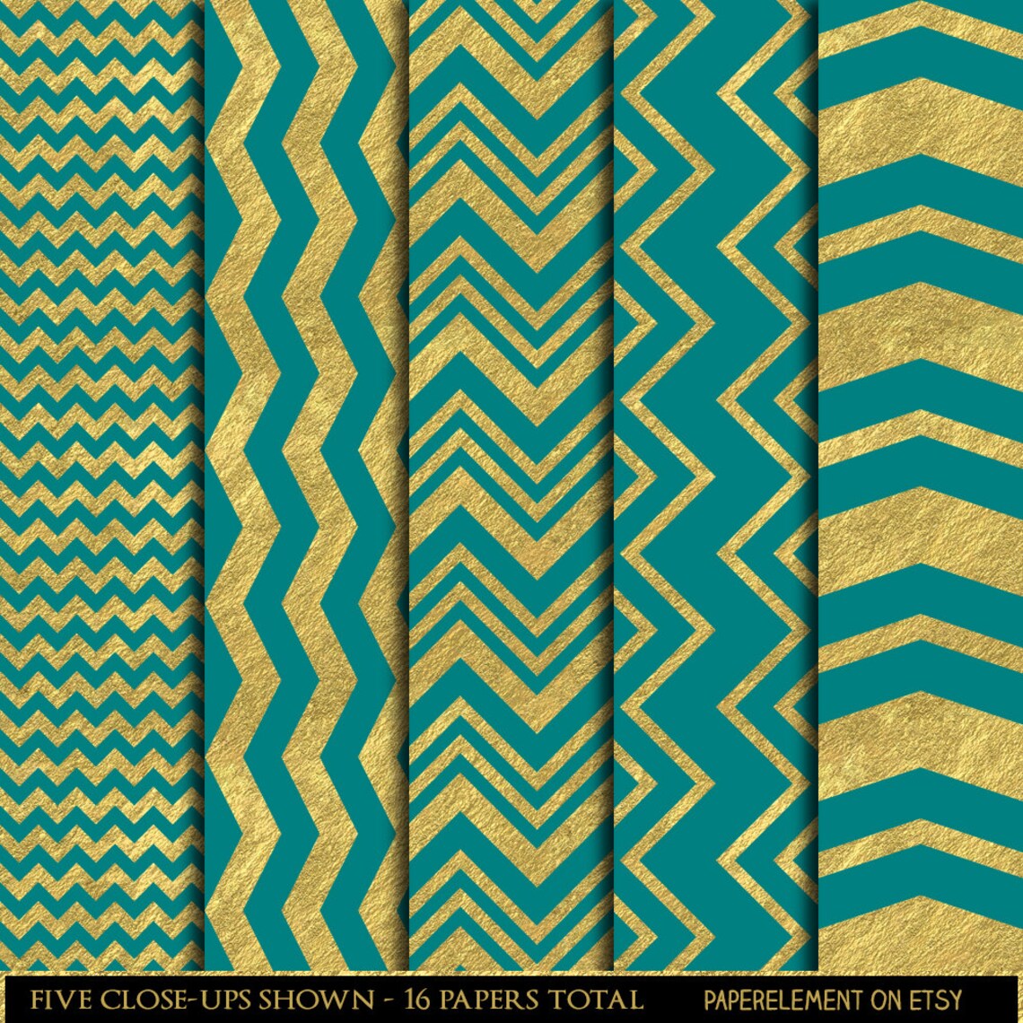 Printable Teal and Gold Chevron Digital Paper: Teal and Gold Patterns ...