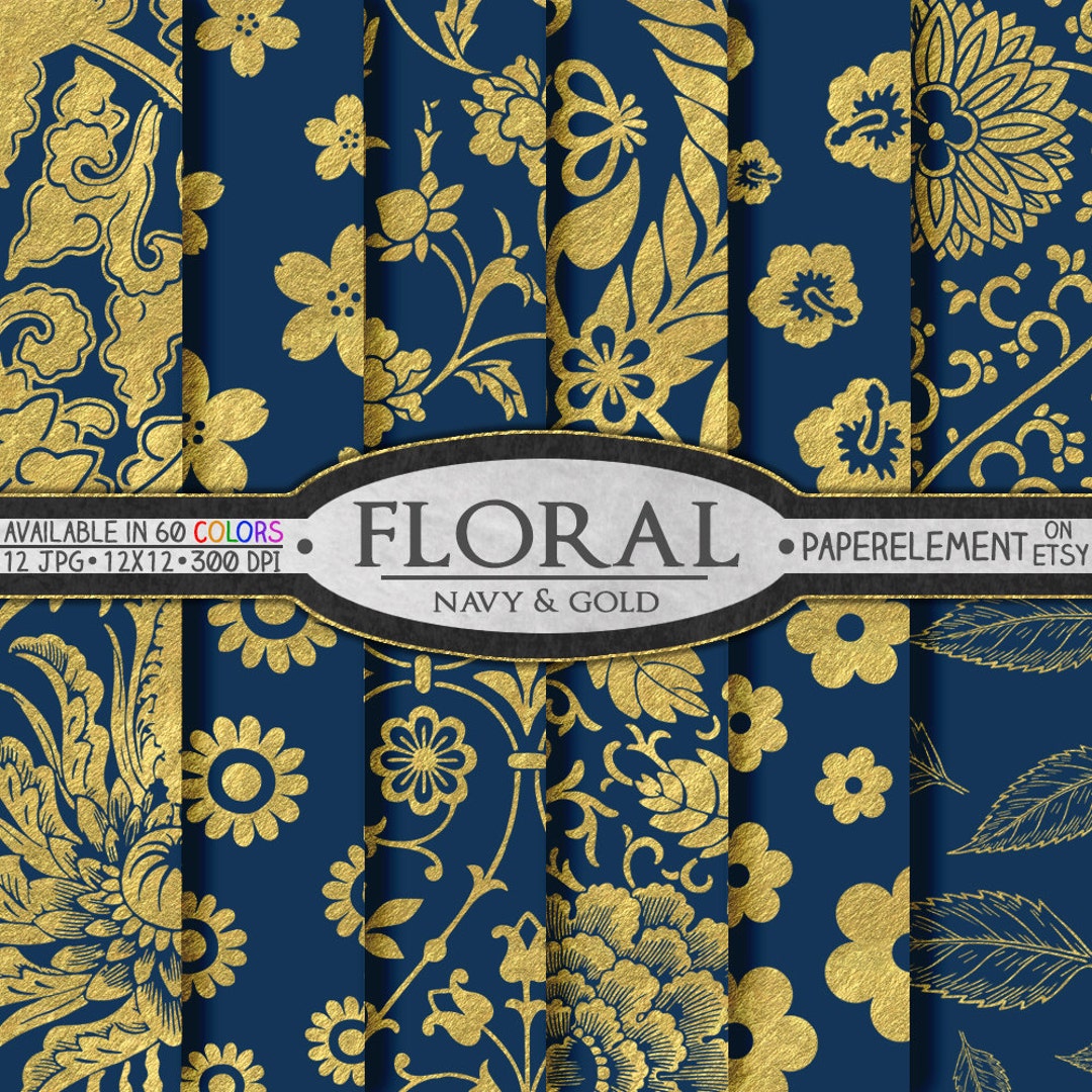 Navy Blue and Gold Floral Digital Paper Patterns Set: Flower ...