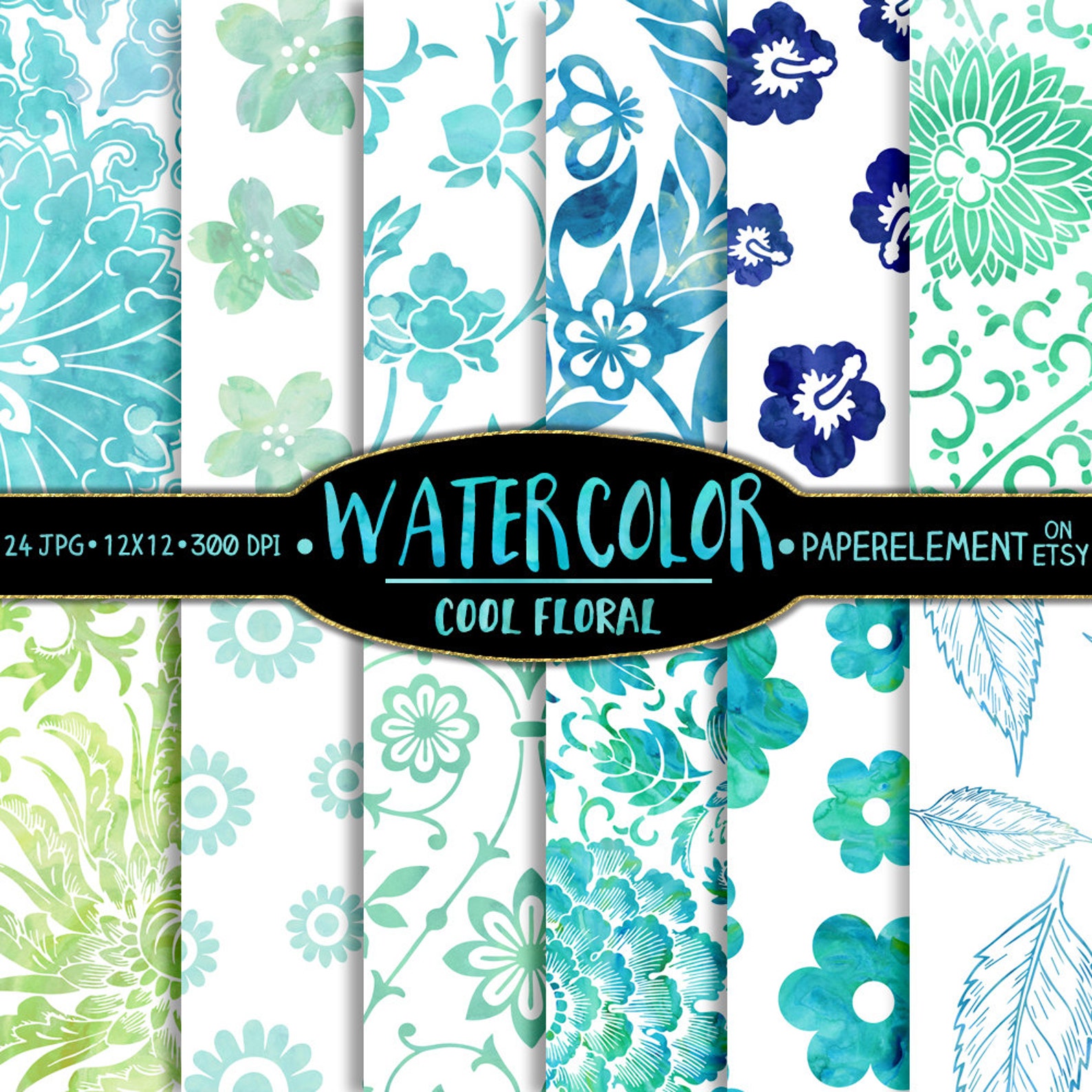 Watercolor Floral Digital Paper: Watercolor Flowers in Ocean Blues, Sea ...