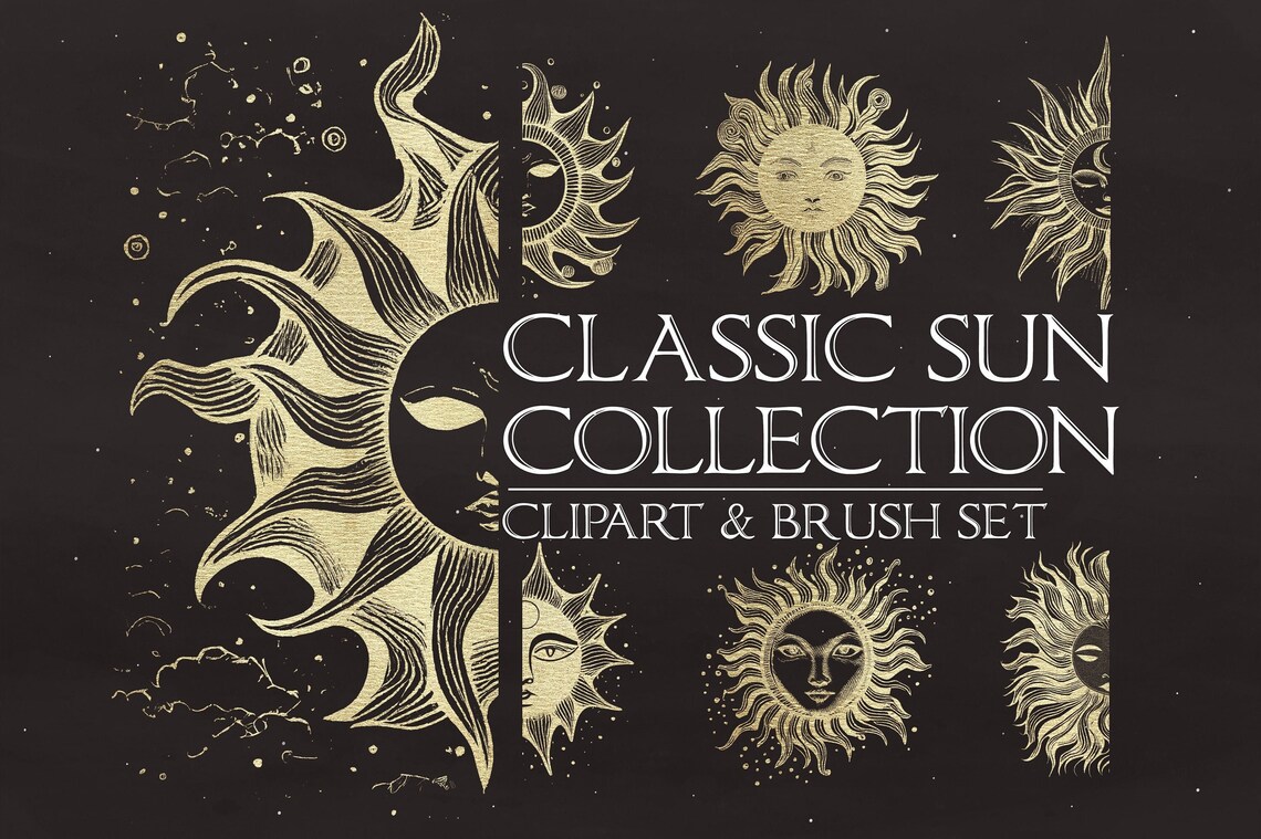 Classic Sun Clipart Set: Vintage 90s Celestial Face Designs - Gold ...