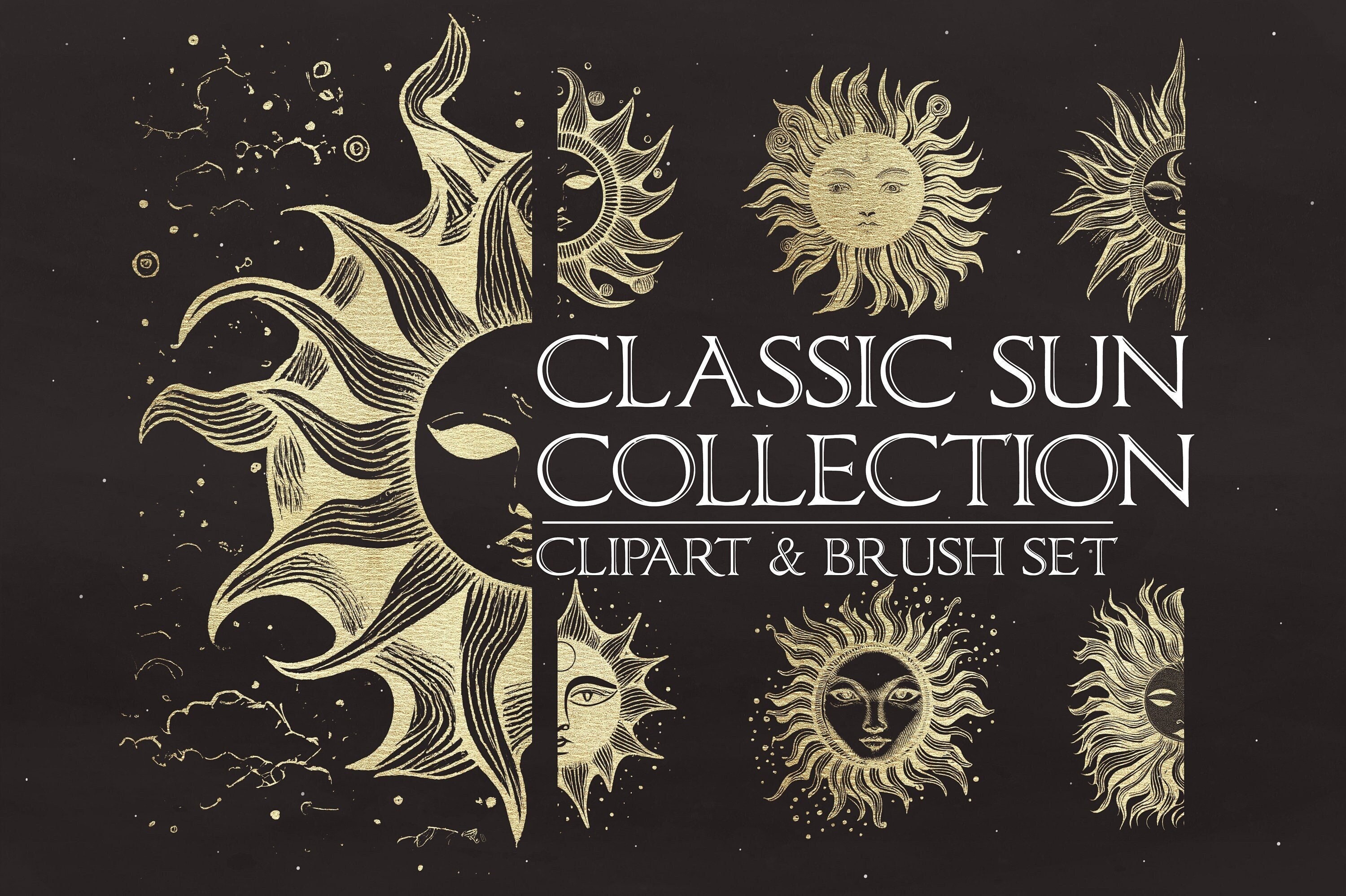 Classic Sun Clipart Set: Vintage 90s Celestial Face Designs - Gold ...
