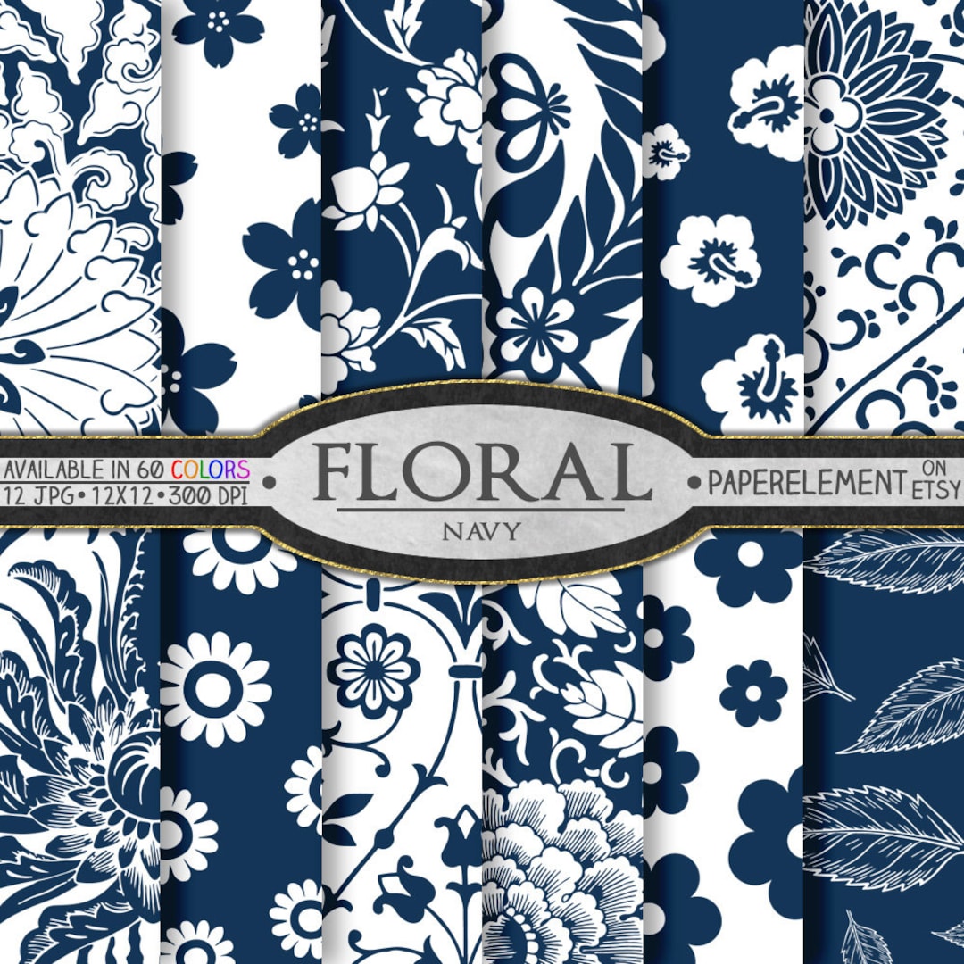 Navy Blue Floral Digital Paper Patterns Set: Flower Backgrounds ...