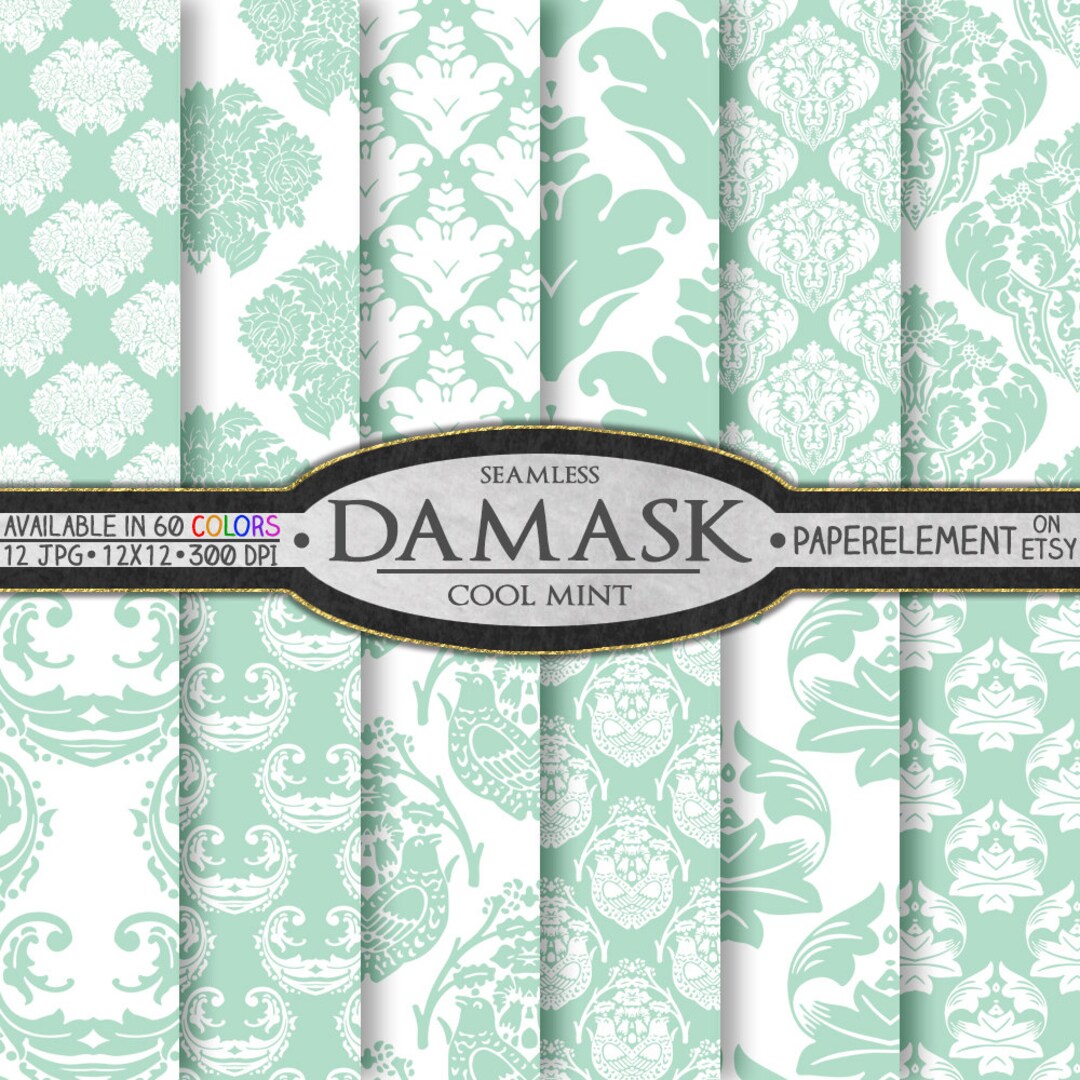 Pastel Mint Green Seamless Damask Pattern Digital Paper: Ornate Fabric ...