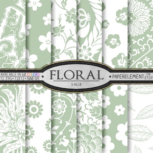 Sage Green Floral Digital Paper Patterns Set: Flower Backgrounds ...