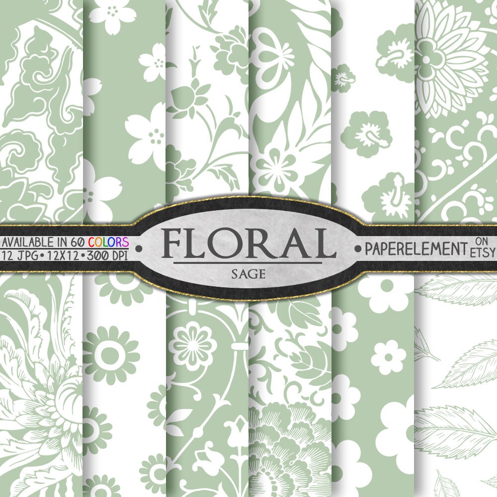 Sage Green Floral Digital Paper Patterns Set: Flower Backgrounds ...