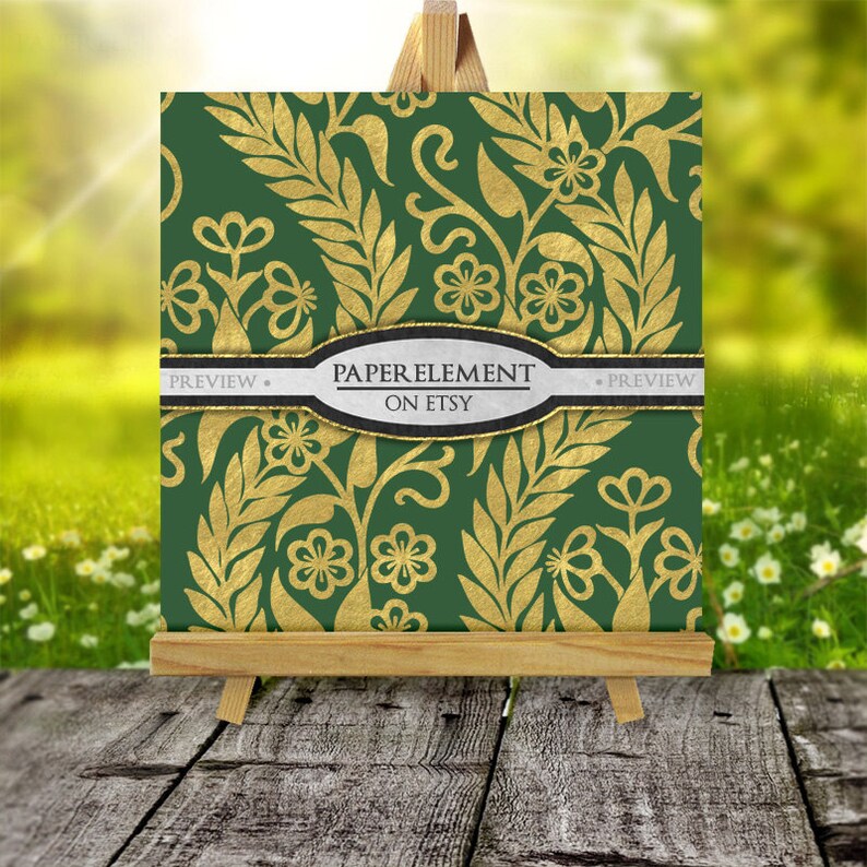 Hunter Green and Gold Floral Digital Paper Patterns Set: Flower ...
