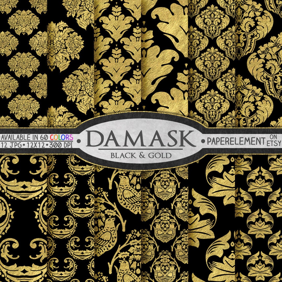 Black and Gold Foil Seamless Damask Pattern Digital Paper: Ornate ...