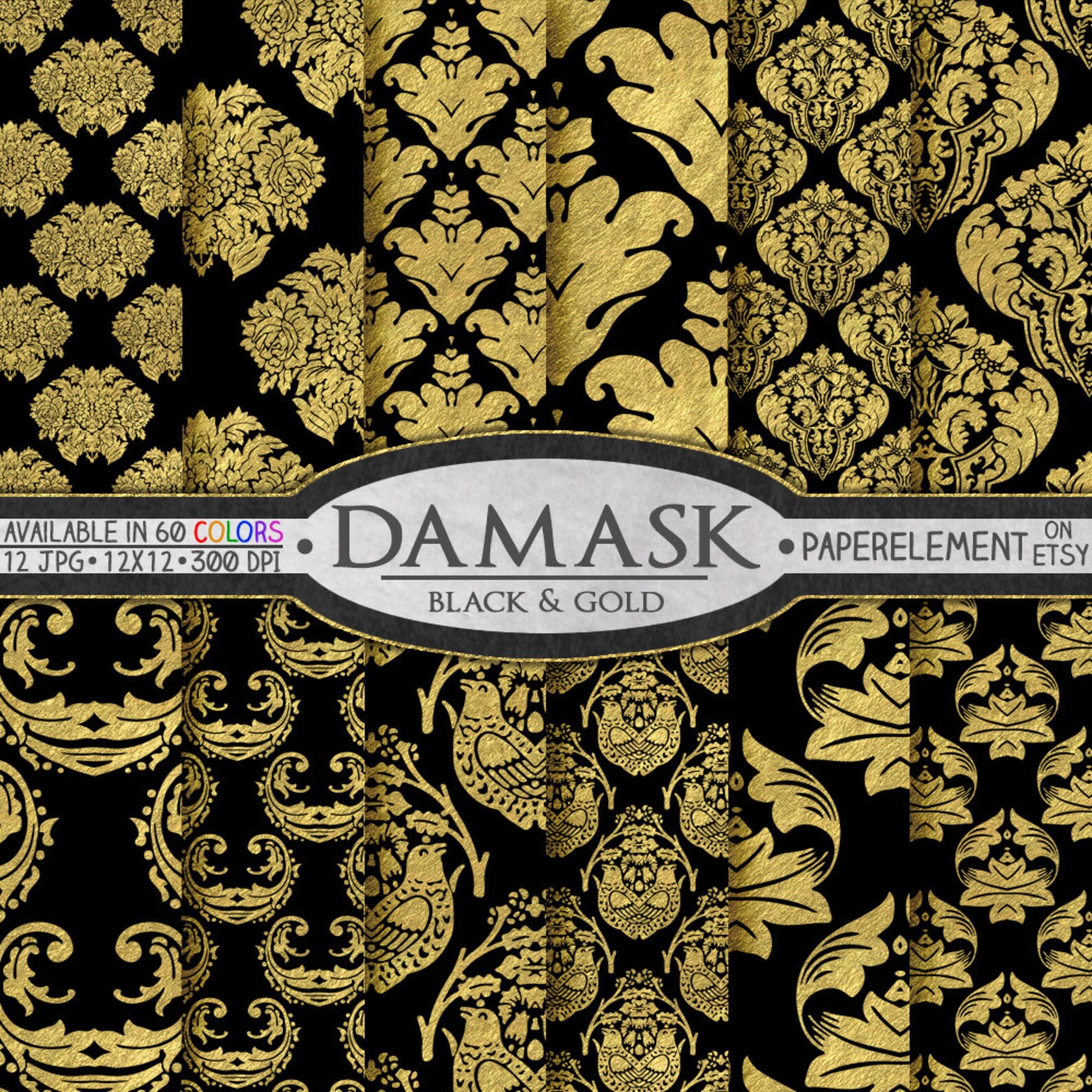 Black and Gold Foil Seamless Damask Pattern Digital Paper: - Etsy