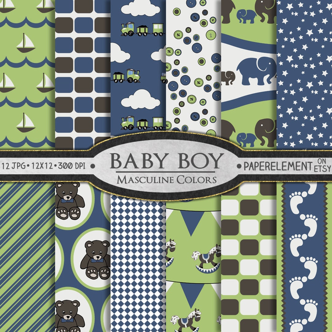 Baby Boy Digital Paper: Baby Boy Scrapbook Paper in Masculine Colors ...