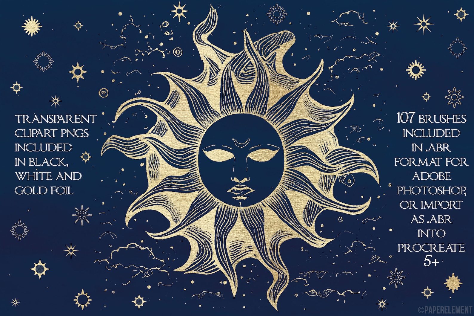 Classic Sun Clipart Set: Vintage 90s Celestial Face Designs - Gold ...