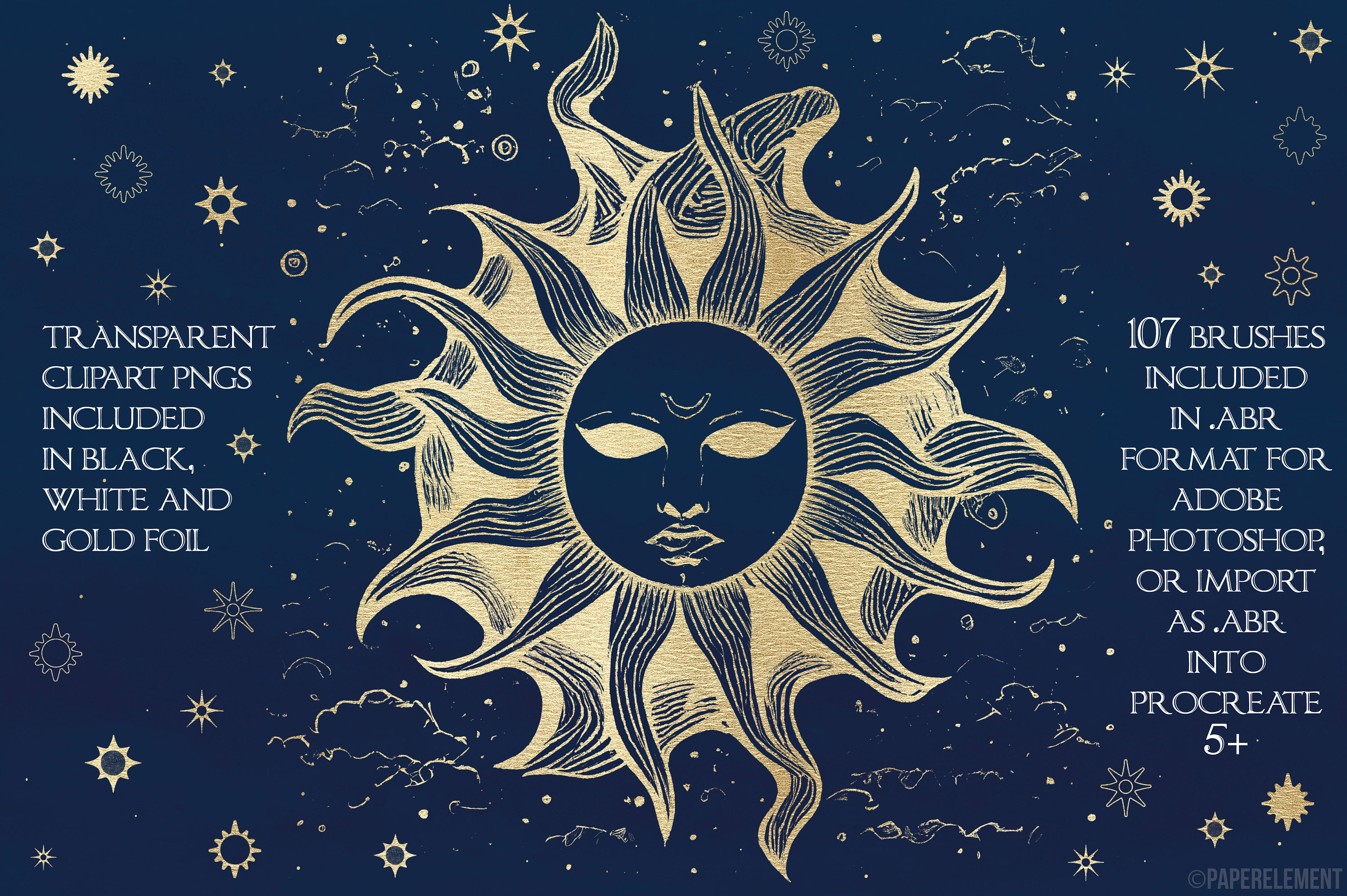 Classic Sun Clipart Set: Vintage 90s Celestial Face Designs - Gold ...