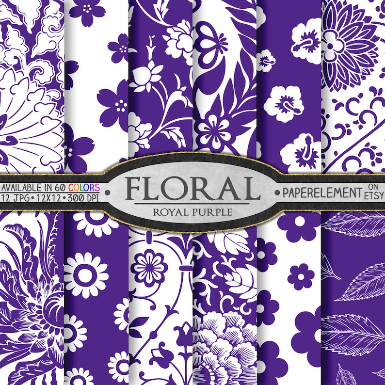 Royal Purple Floral Digital Paper Patterns: Printable 12x12 - Etsy