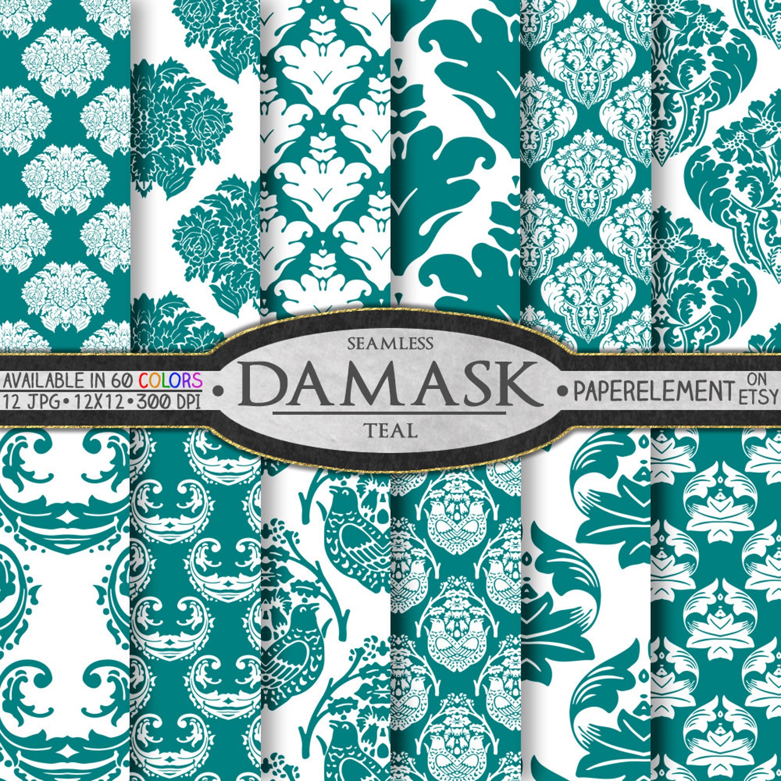 Teal Blue Green Seamless Damask Pattern Digital Paper: Ornate - Etsy