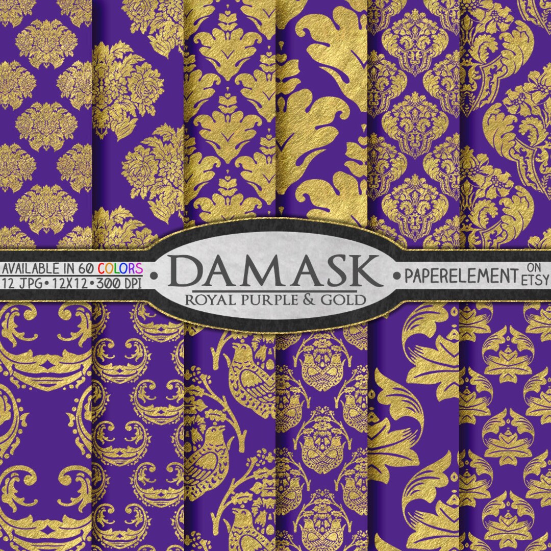 Royal Purple Gold Seamless Damask Pattern Digital Paper: Ornate Fabric ...