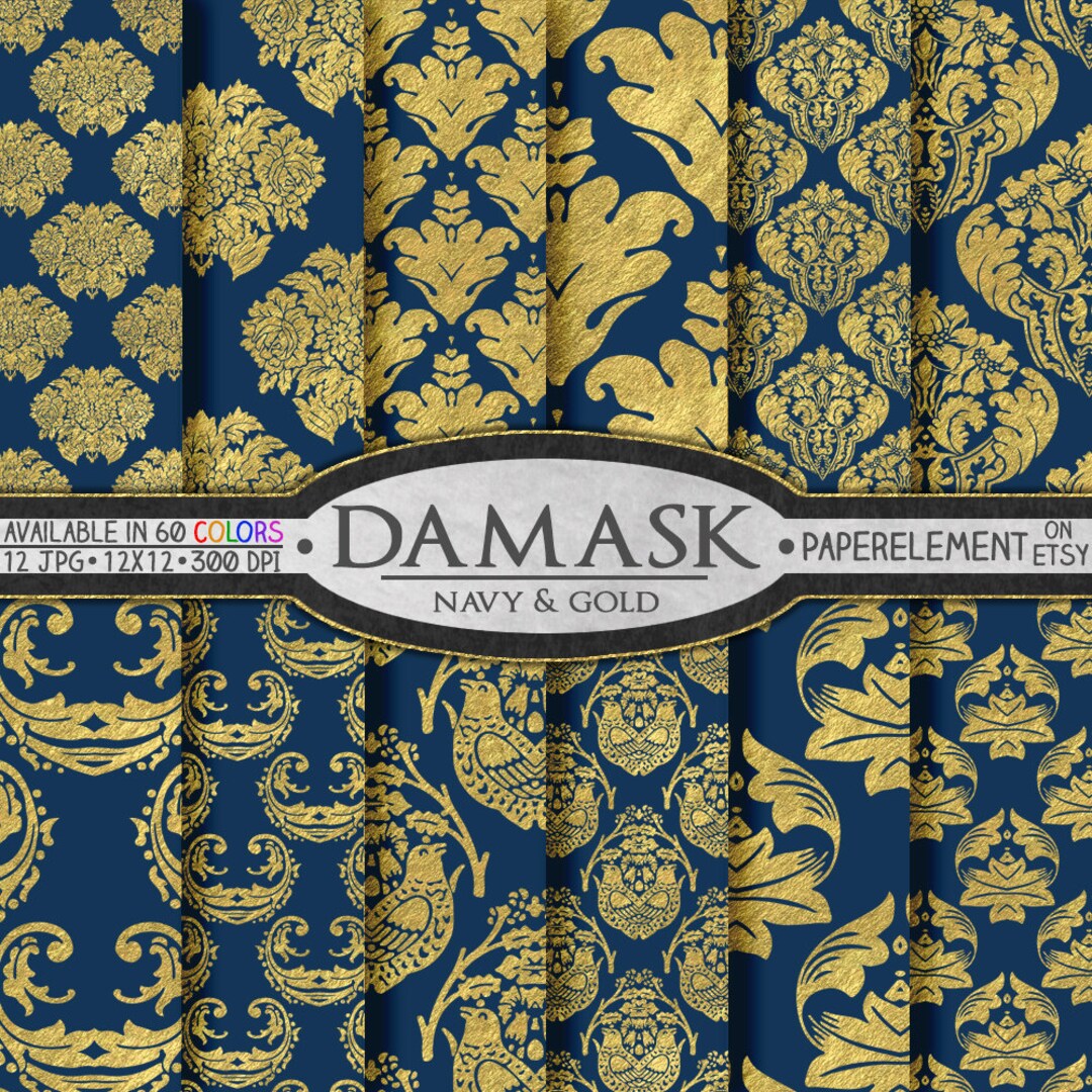 Navy Blue Gold Seamless Damask Pattern Digital Paper: Ornate Fabric ...
