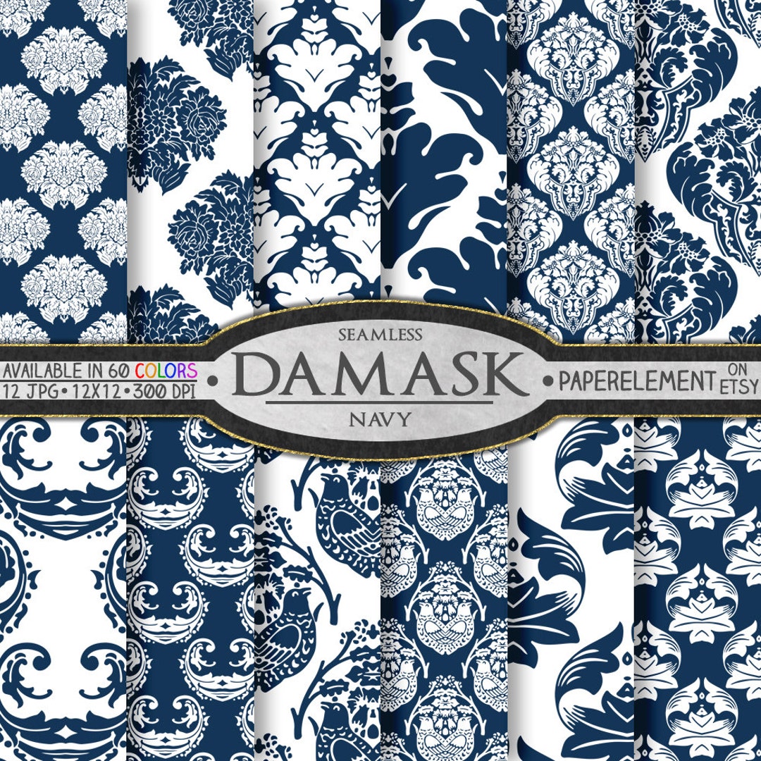 Navy Blue Seamless Damask Pattern Digital Paper: Ornate Fabric Prints ...