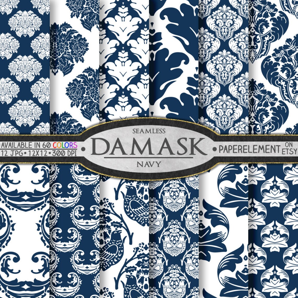 Navy Blue Seamless Damask Pattern Digital Paper: Ornate Fabric - Etsy
