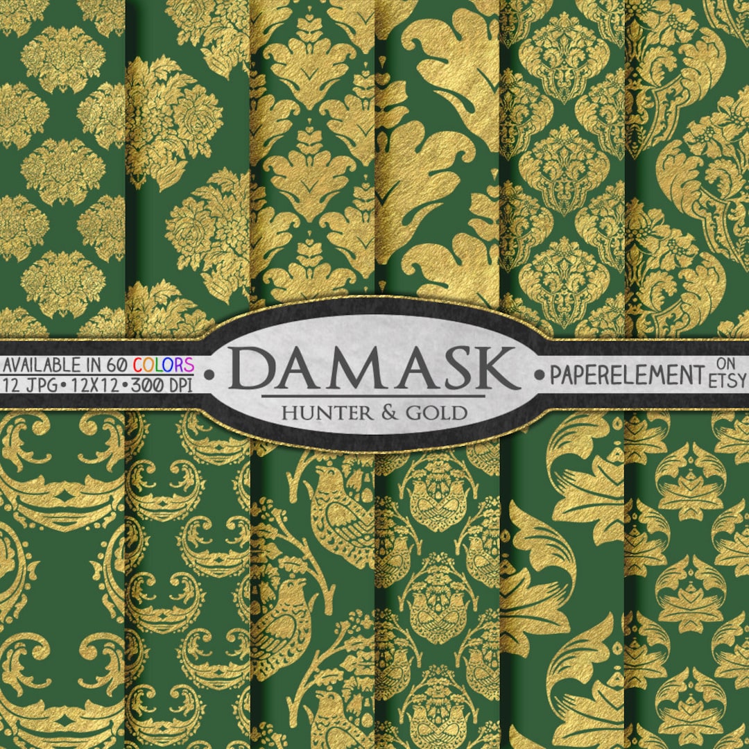 Hunter Green Gold Seamless Damask Pattern Digital Paper: Ornate Fabric ...